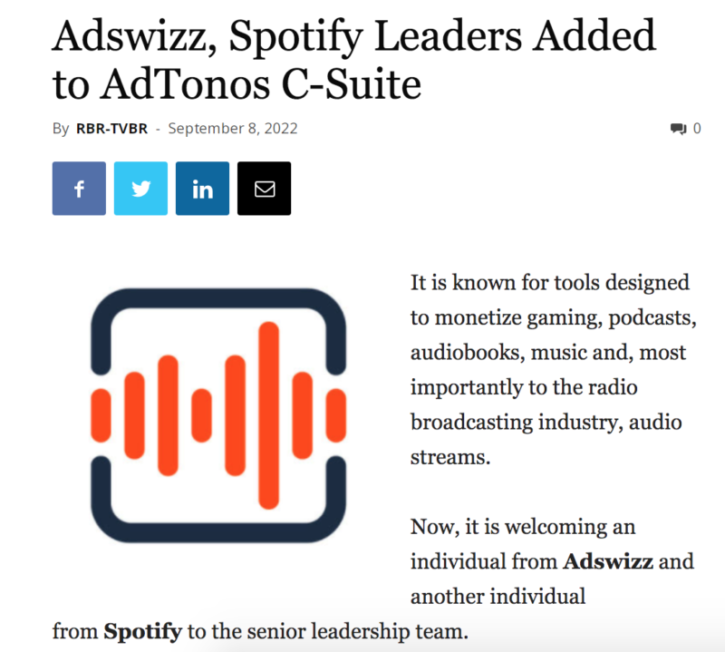RTBR: Adswizz, Spotify Leaders Added to AdTonos C-Suite - AdTonos